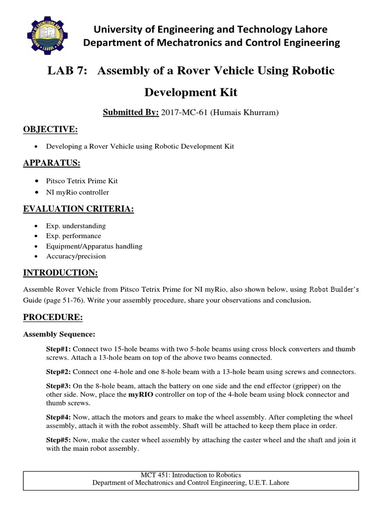 LAB 7: Assembly of A Rover Vehicle Using Robotic Development Kit | PDF ...