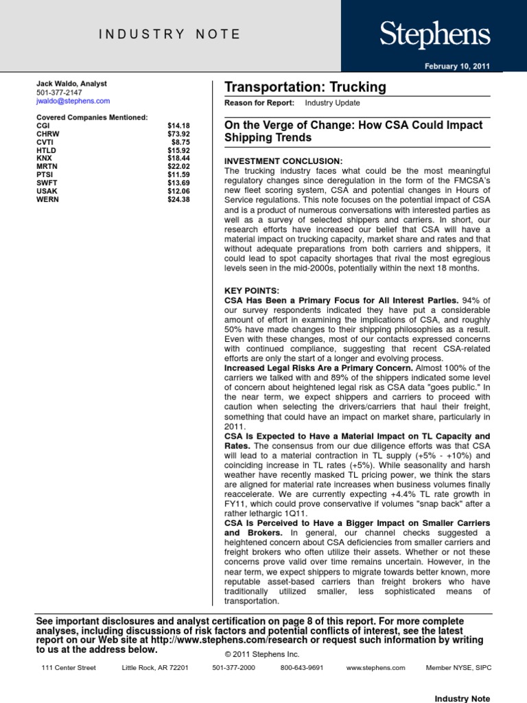 Transportation: Trucking: Industry Note | PDF | Cargo | Stocks