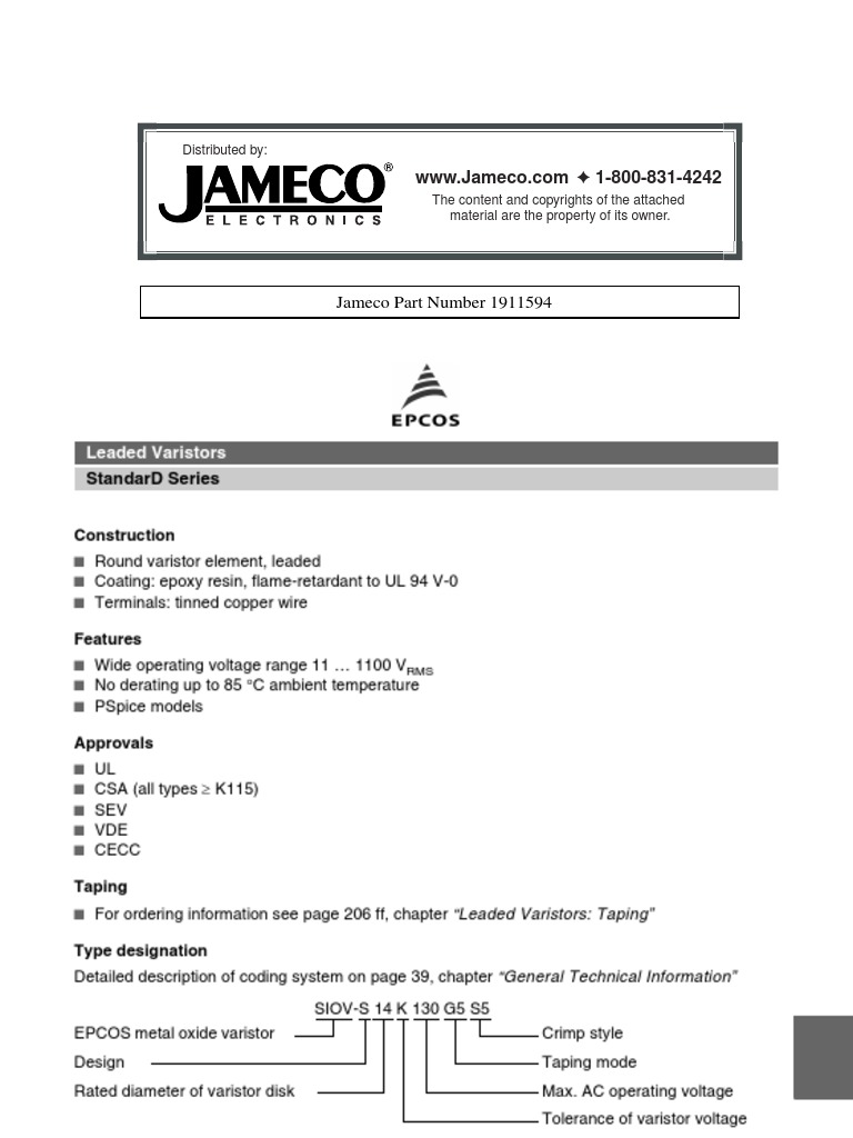 S07K275 Epcos | PDF | Electromagnetism | Electrical Engineering