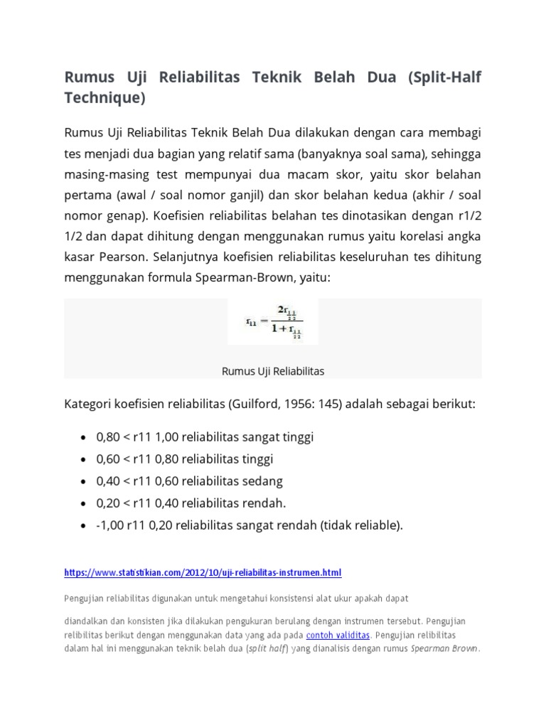 Rumus Uji Reliabilitas Teknik Belah Dua | PDF