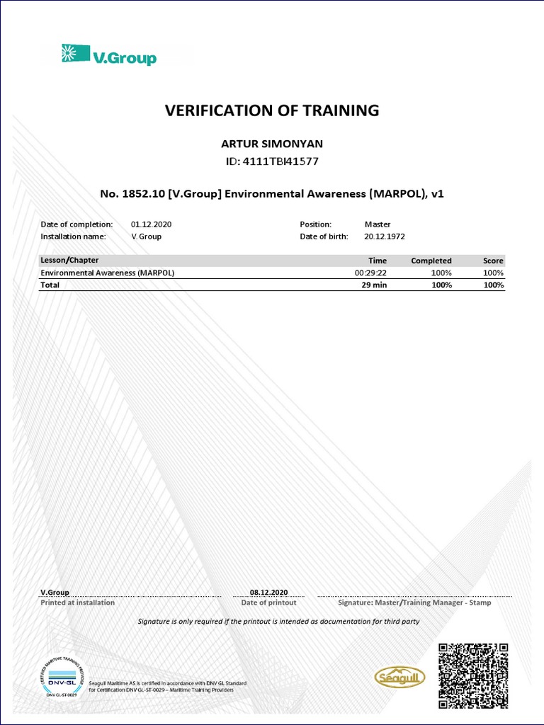 Verification of Training: Artur Simonyan | PDF