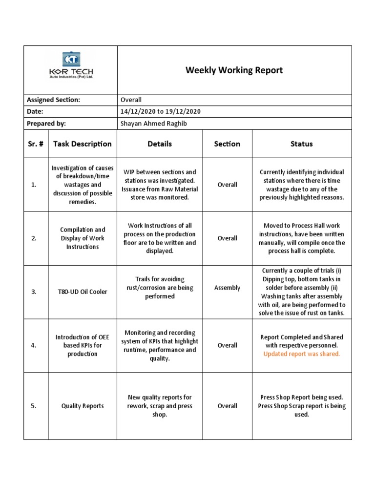 Weekly Working Report: Tasks & Status | PDF | Business
