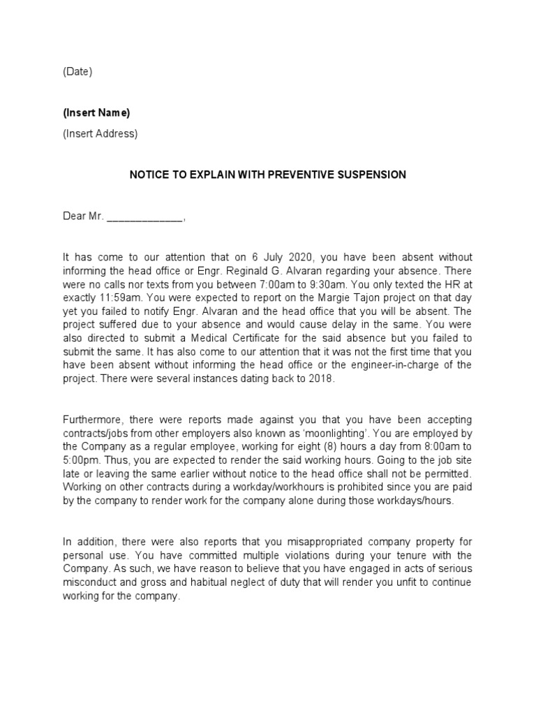 Notice To Explain With Preventive Suspension Template | PDF | Justice ...