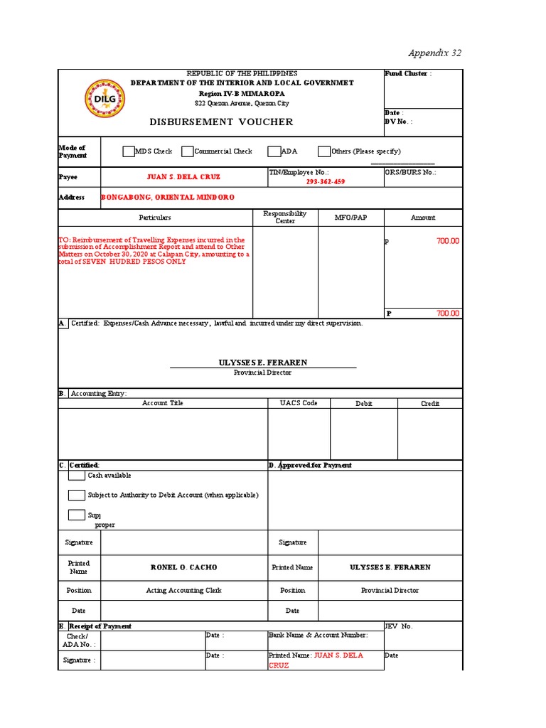 Disbursement Voucher: Appendix 32 | PDF | Cheque | Payments