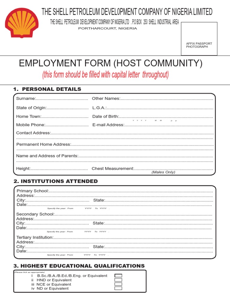 Shell Employment Form for Host Community | PDF