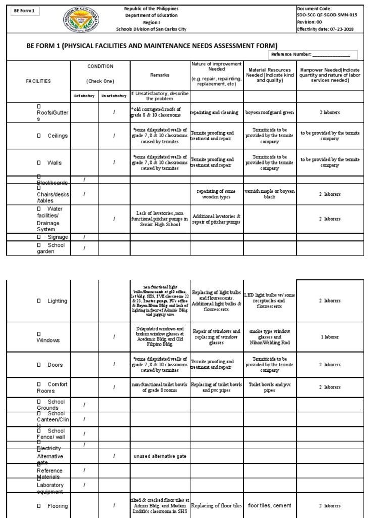 Be Form 1 (Physical Facilities and Maintenance Needs Assessment Form ...