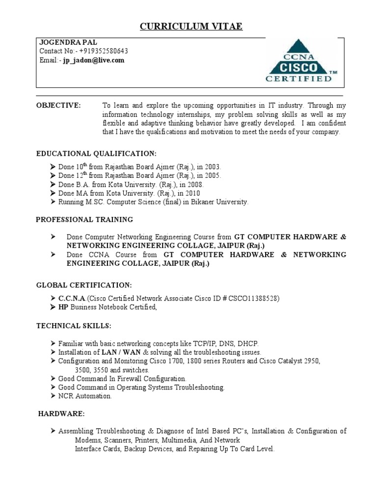 Curriculum Vitae: Jogendra Pal | PDF | Cisco Certifications | Computer Network