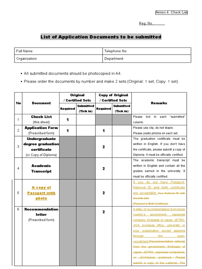 Application Checklist: Requirements for Submission to the [Organization ...
