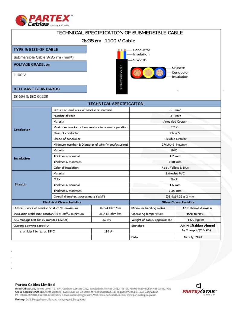 Technical Specification of Submersible Cable 3x35 RM 1100 V Cable | PDF ...
