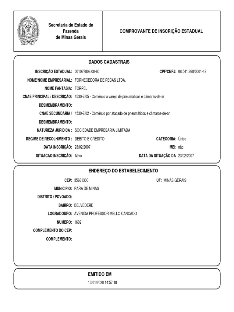 Comprovante de Inscrição Estadual MG | PDF