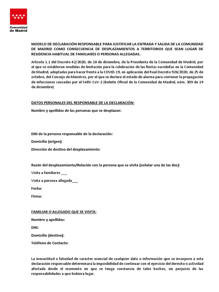 Modelo de Declaración Responsable de Madrid | PDF
