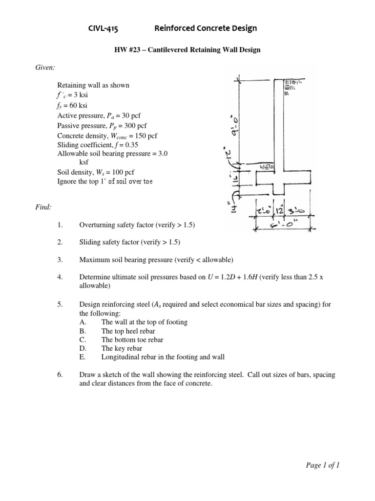 Assignment Cantilevered Retaining Wall Design | PDF