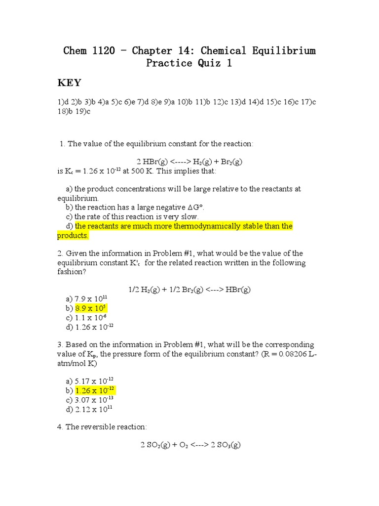 Chem 1120 - Chapter 14: Chemical Equilibrium Practice Quiz 1 | PDF ...