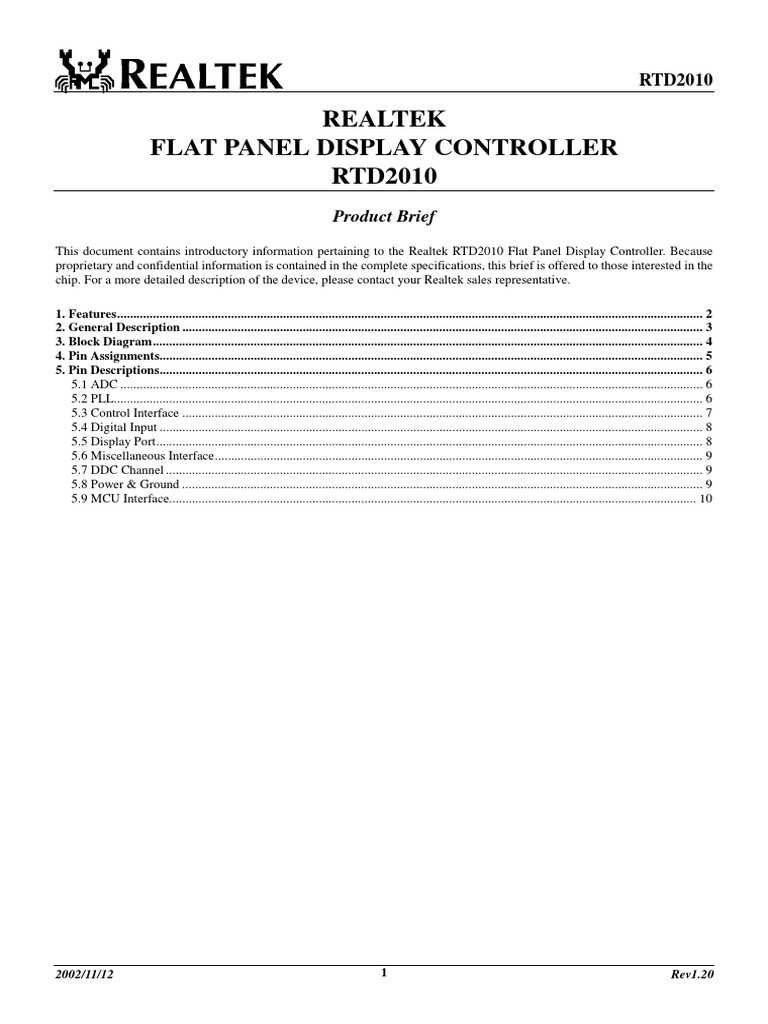 Realtek Flat Panel Display Controller RTD2010: Product Brief | PDF ...