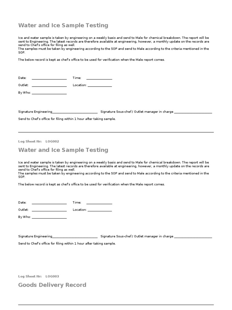Water and Ice Sample Testing: Log Sheet NR: LOG002 | PDF