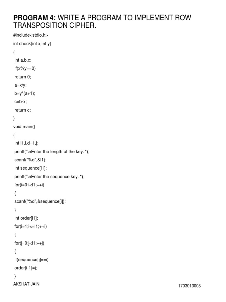 Transposition Cipher Program 4 Write A Program To Implement Row Pdf 2895