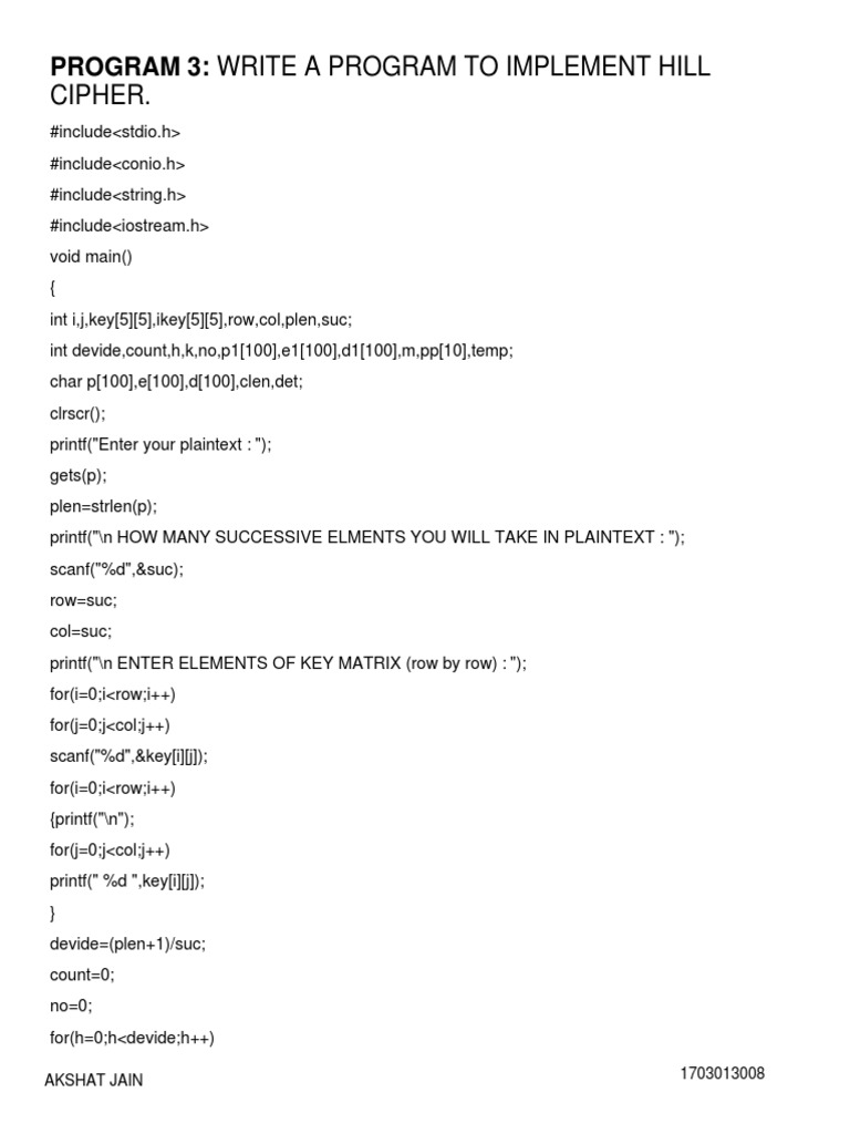 Cipher.: Program 3: Write A Program To Implement Hill | PDF