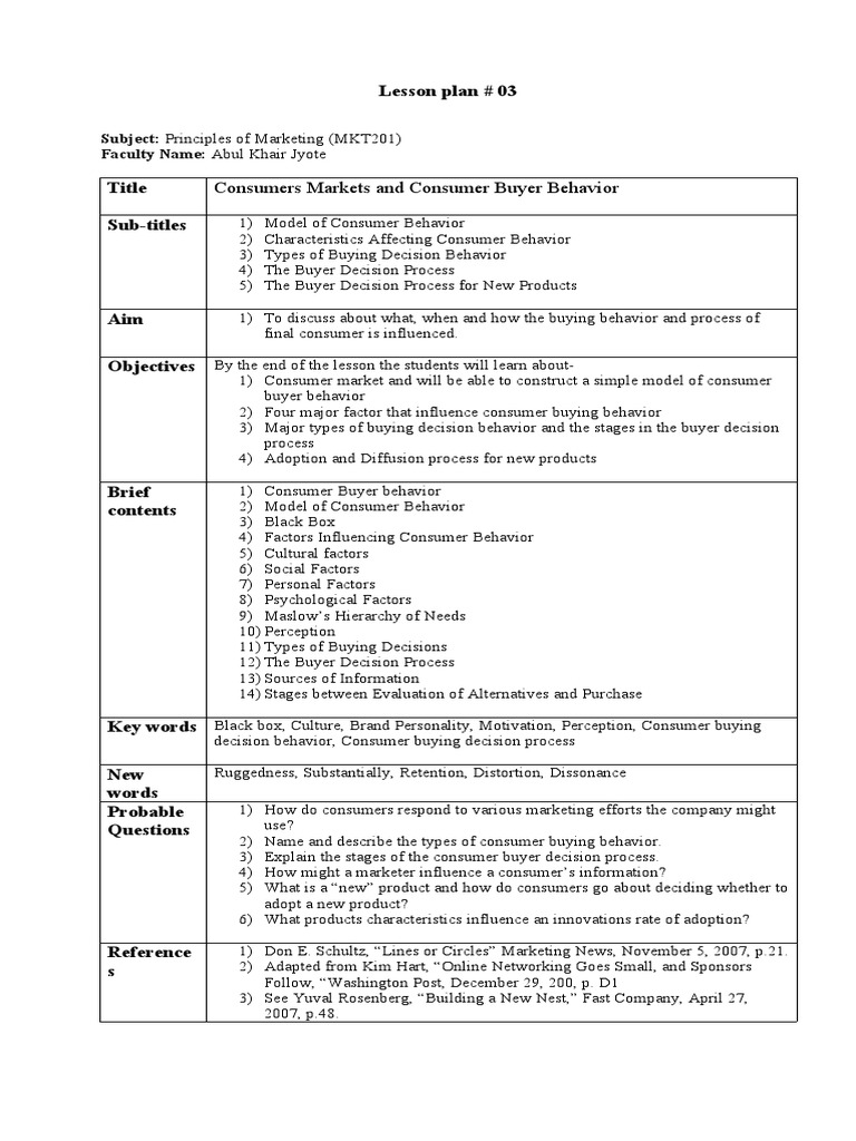 Consumers Markets and Consumer Buyer Behavior: Lesson Plan # 03 | PDF ...