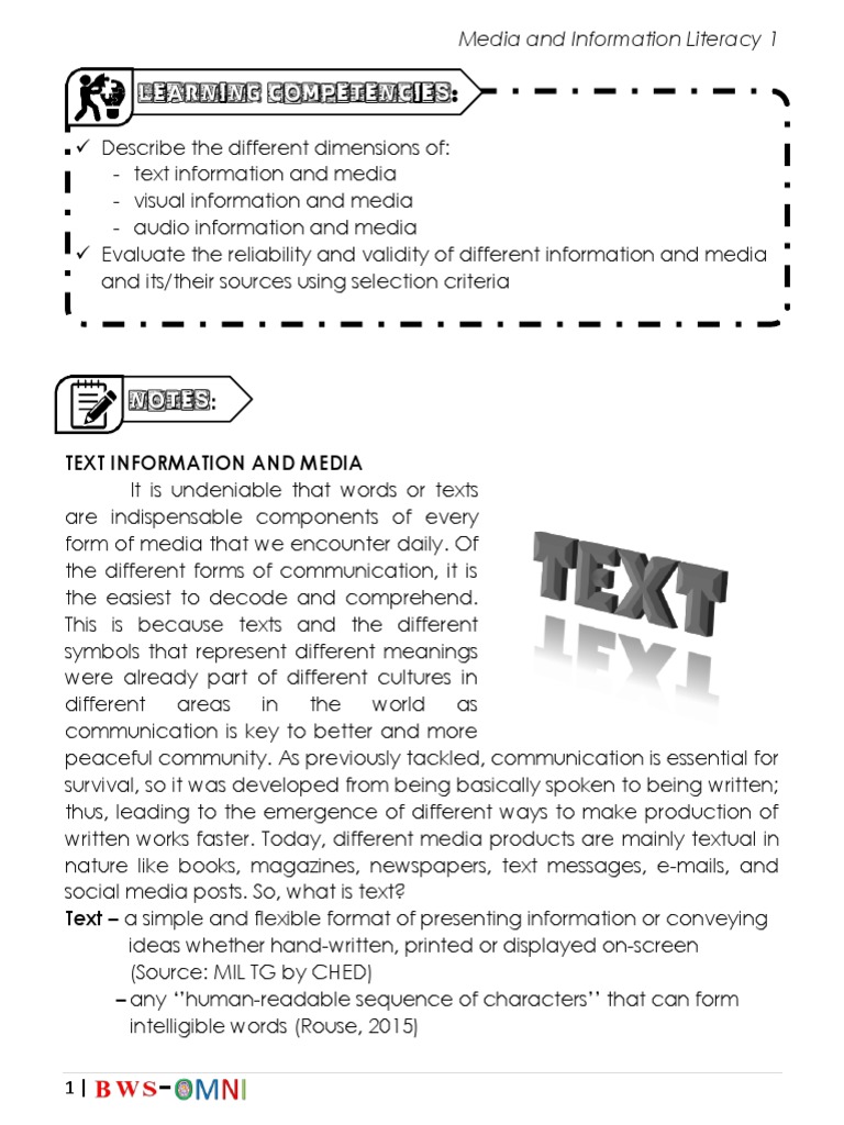 Learning COMPETENCIES: Text Information and Media | PDF | Composition ...