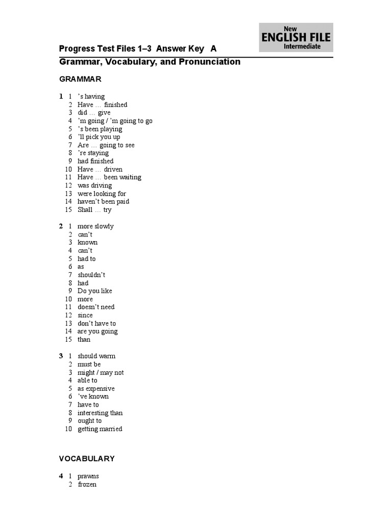 Progress Test Files 1-3 Answer Key A Grammar, Vocabulary, and ...