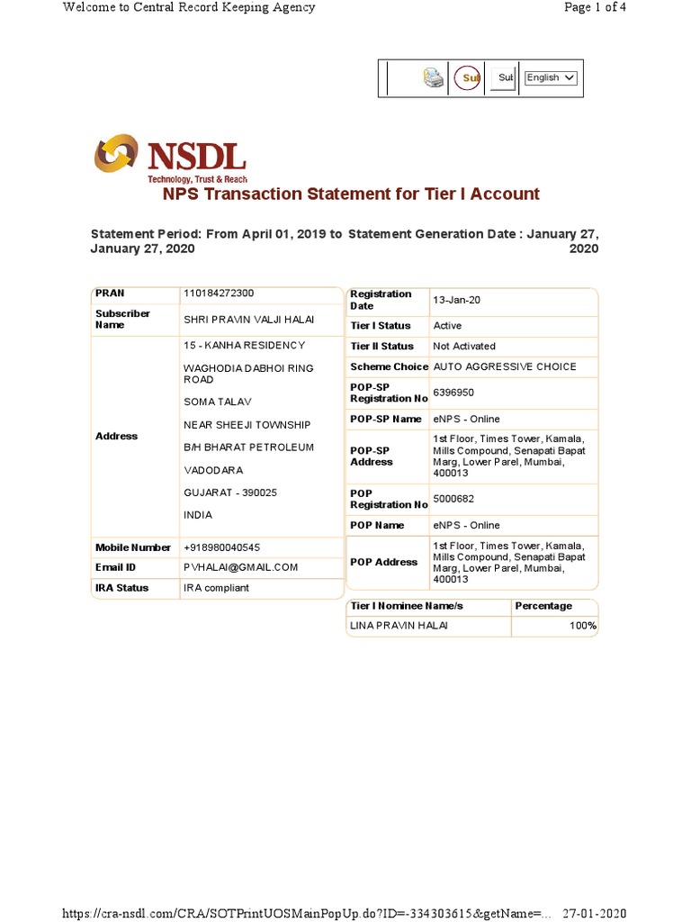 NPS Transaction Statement For Tier I Account | PDF | Tax Deduction ...