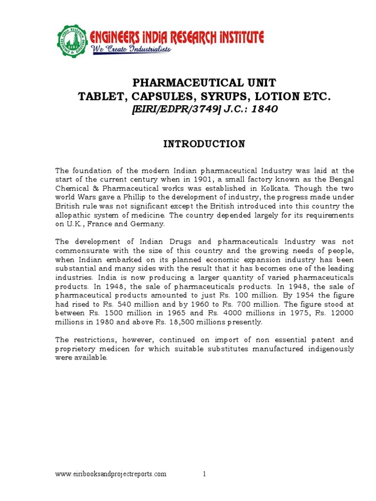 Project Report On Pharmaceutical Unit (Tablet, Capsules, Syrups, Lotion ...