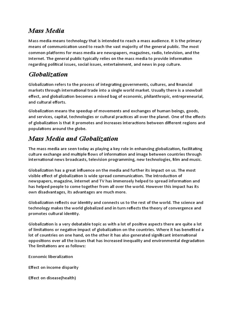 Mass Media Pdf Media Communication Globalization