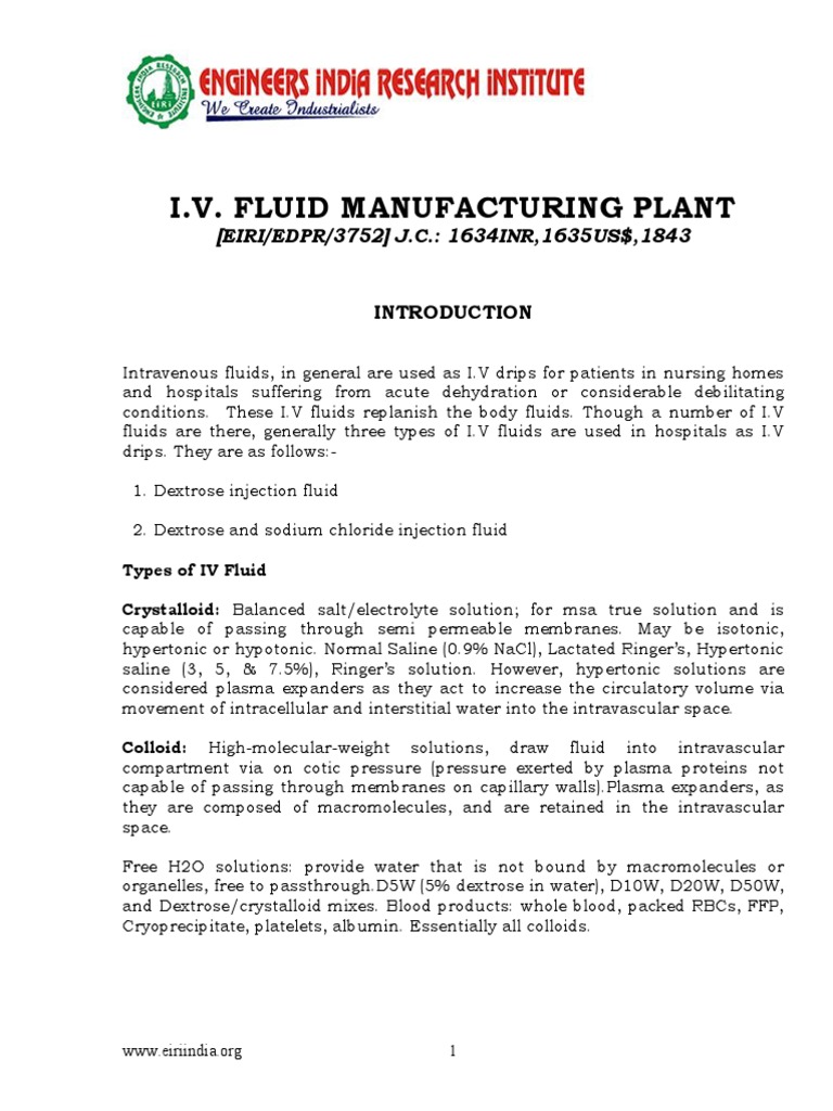 Project Report On I.V. Fluid Manufacturing Plant | PDF | Chemistry ...