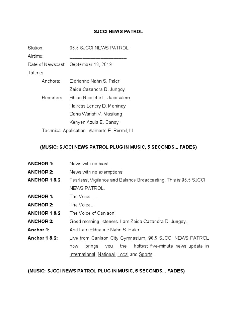 Sjcci News Patrol Script | PDF | Broadcast Journalism | Television News