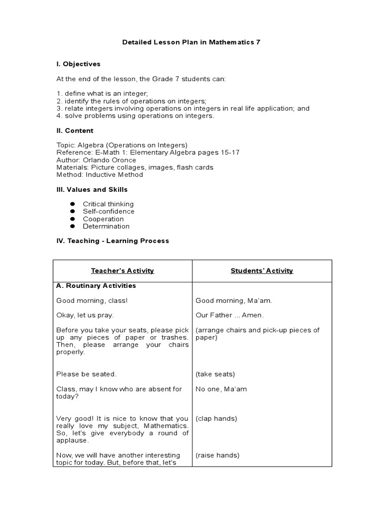 Grade 7 Lesson Plan on Integers | PDF | Integer | Lesson Plan