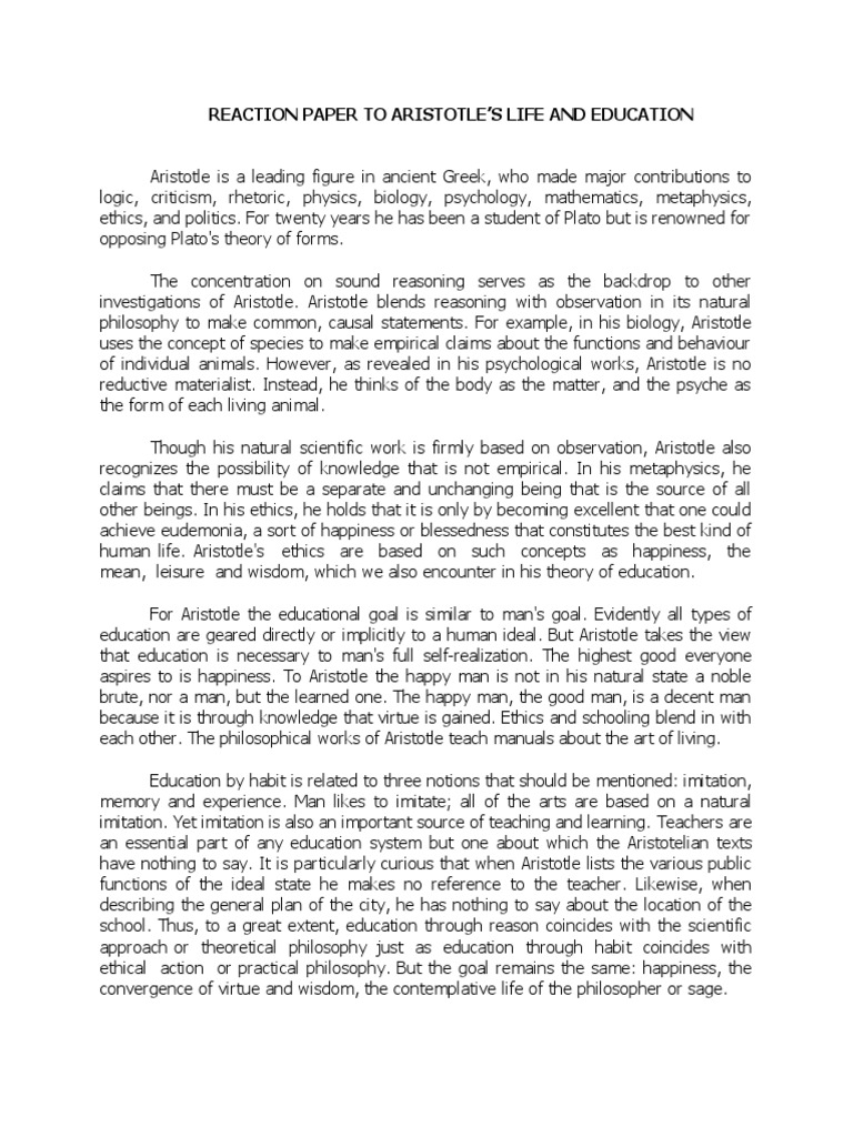 Reaction Paper To Aristotle's Life and Education | PDF | Aristotle | Reason