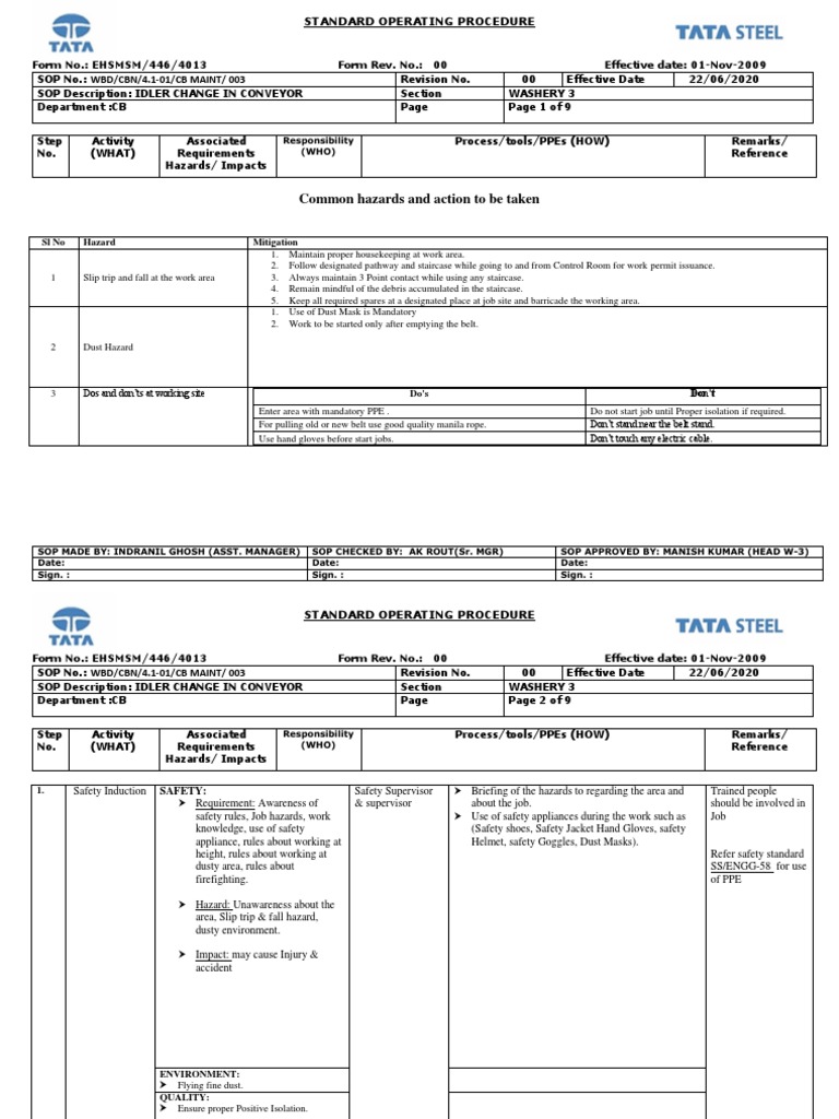 SOP of Idler Change | PDF | Personal Protective Equipment | Safety