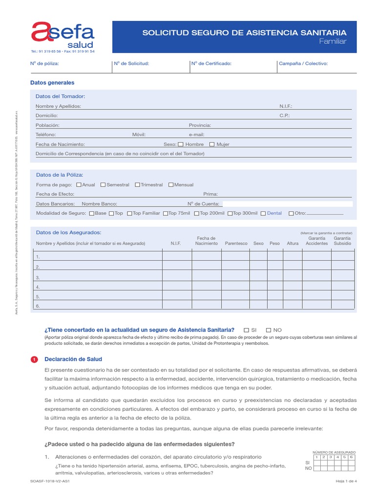 SOASF-1018-V2-AS1-Solicitud Salud Familiar Estandar Editable | PDF | Póliza de seguros | Reaseguro