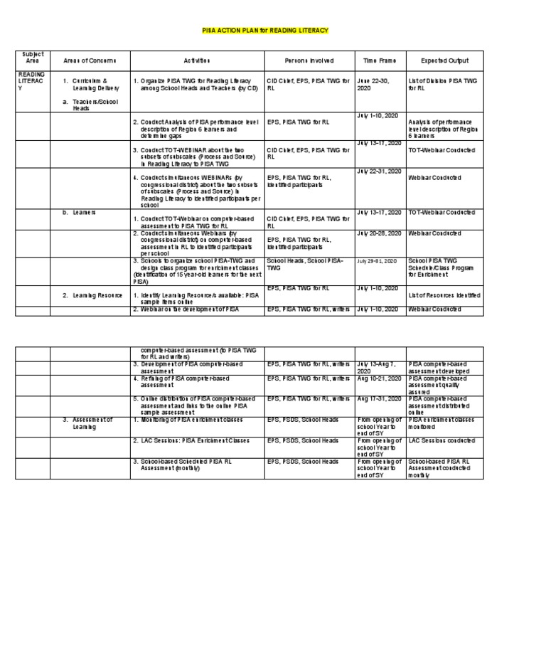 PISA ACTION PLAN FOR IMPROVING READING LITERACY | PDF | Programme For International Student ...