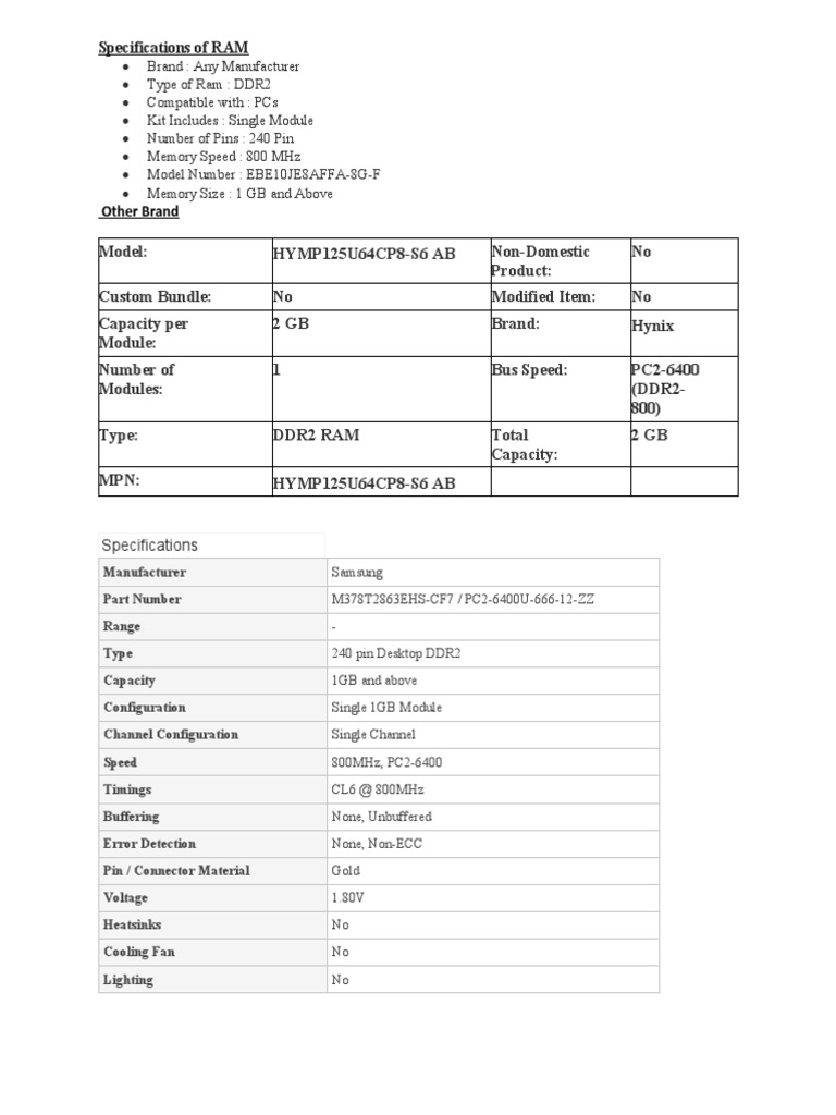 DDR2 RAM Specifications Overview | PDF