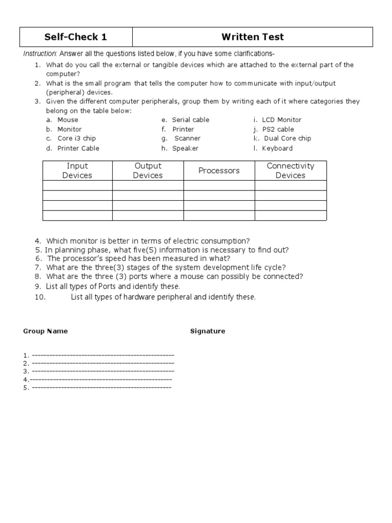 Self-Check 1 Written Test: Input Devices Output Devices Processors ...