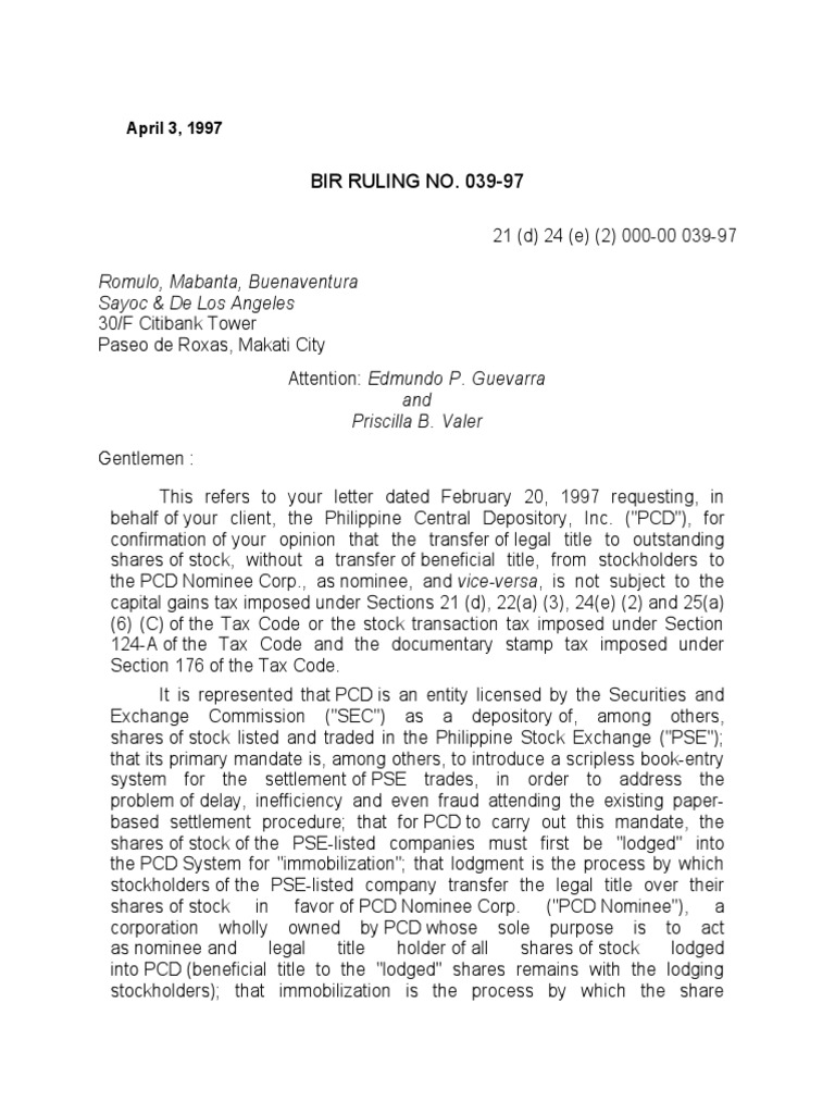 Bir Ruling No. 039-97 | PDF | Stocks | Trust Law