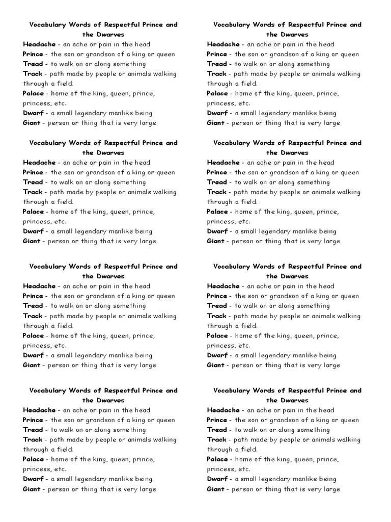Vocabulary Words of Respectful Prince and The Dwarves | PDF | History ...