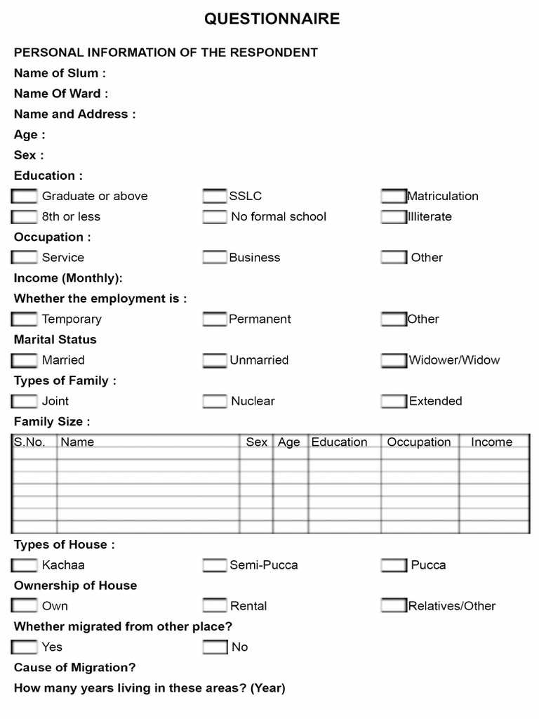Slum Survey Questionnaire | PDF