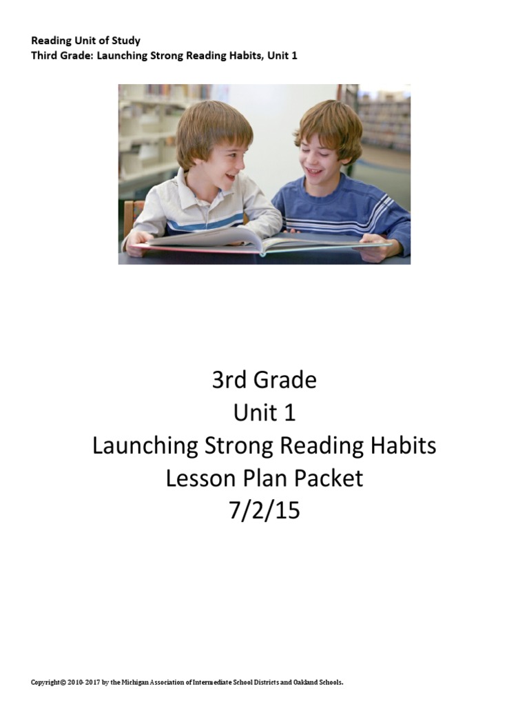 3rd Grade Unit 1 Launching Strong Reading Habits Lesson Plan Packet 7/2 ...