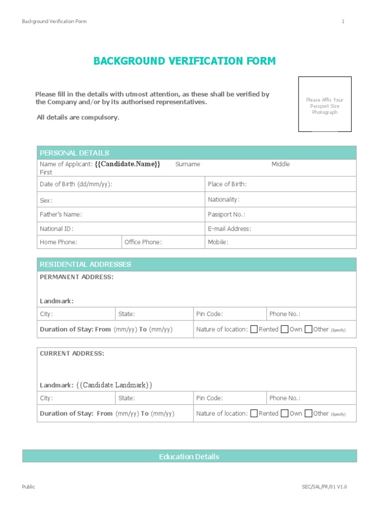 Background Verification Form: ( (Candidate - Name) ) | PDF | Employment ...