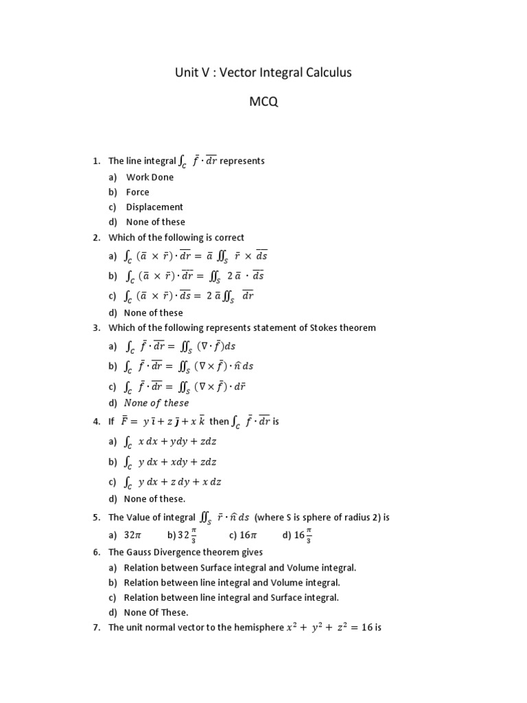 MCQ Vector Integration Unit V PDF | PDF | Integral | Linear Algebra