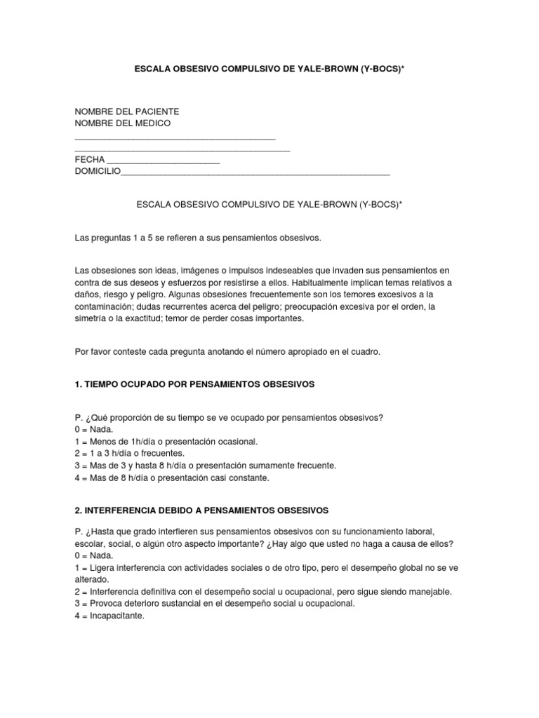 Escala - TOC. Yale Brown | PDF | Desorden obsesivo compulsivo | Trastornos mentales y conductuales