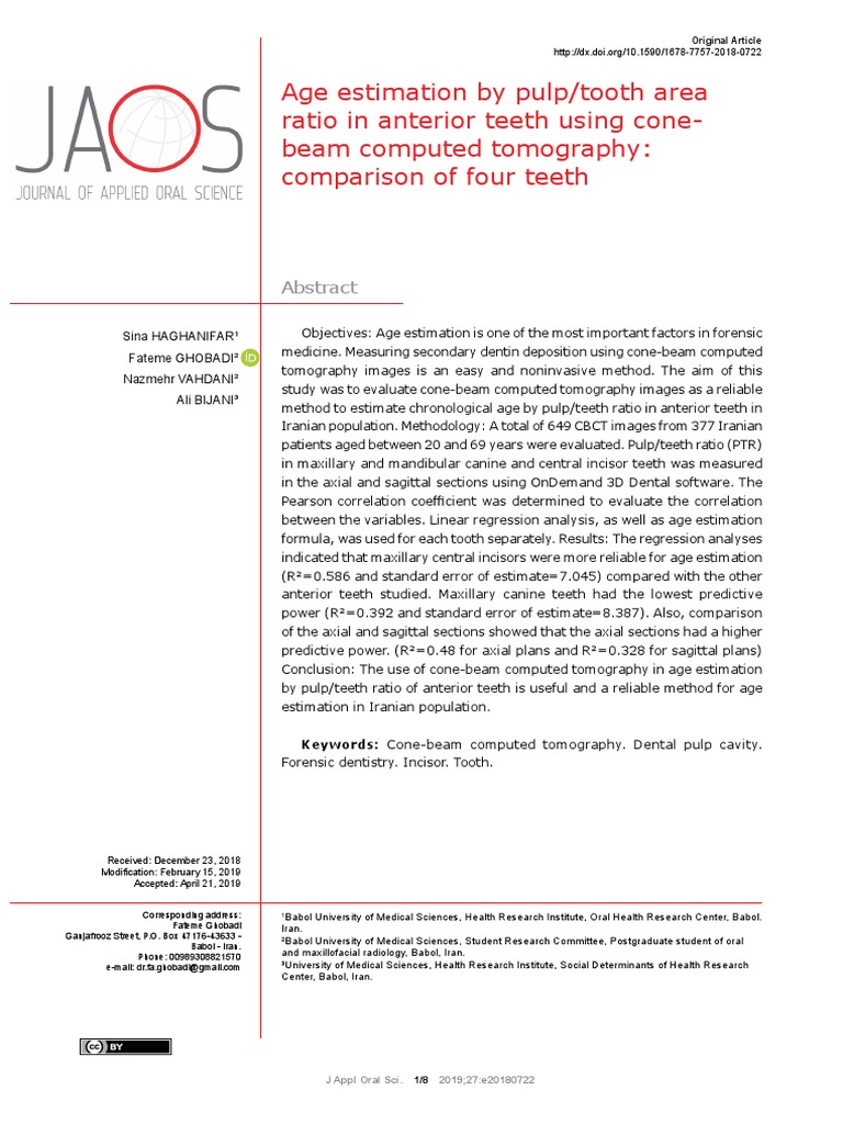 Age Estimation by Pulp Tooth Area Ratio in Anterior Teeth Using Cone ...