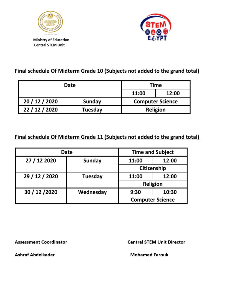 Midterm Exam Schedules for Grades 10 and 11 | PDF