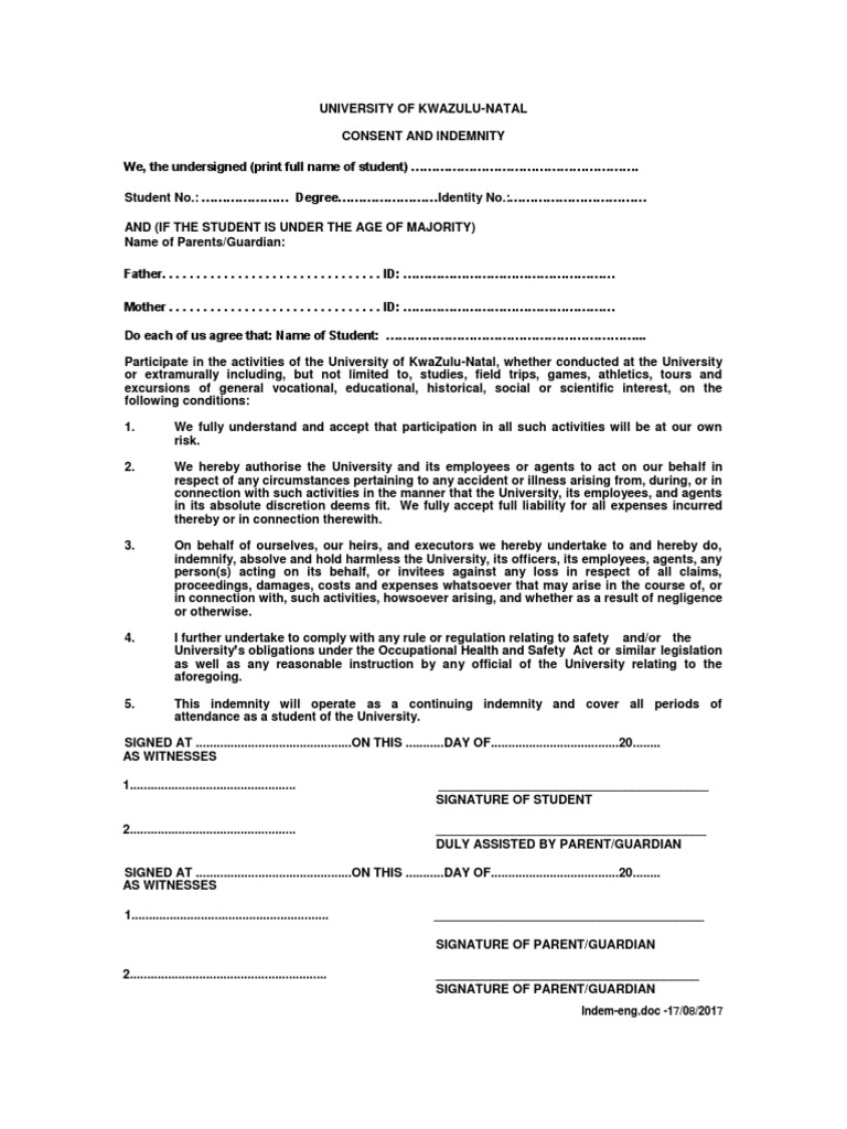 Indemnity Form - English | PDF | Indemnity | Business Law
