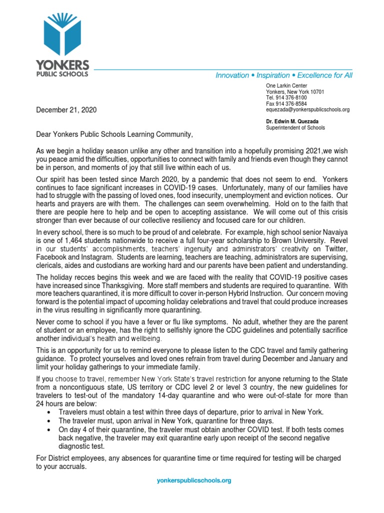 Letter To Learning Community 12-21-2020 | PDF | Wellness | Medical