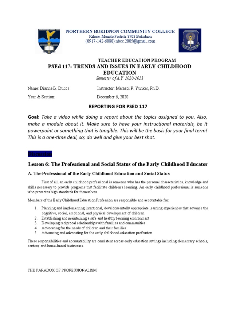 Psed 117: Trends and Issues in Early Childhood Education | PDF | Career ...