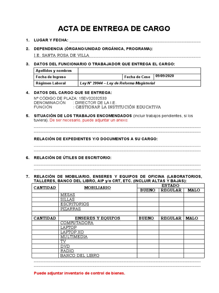 Acta - de - Entrega - de - Cargo IE-SRV | PDF | Business | Science