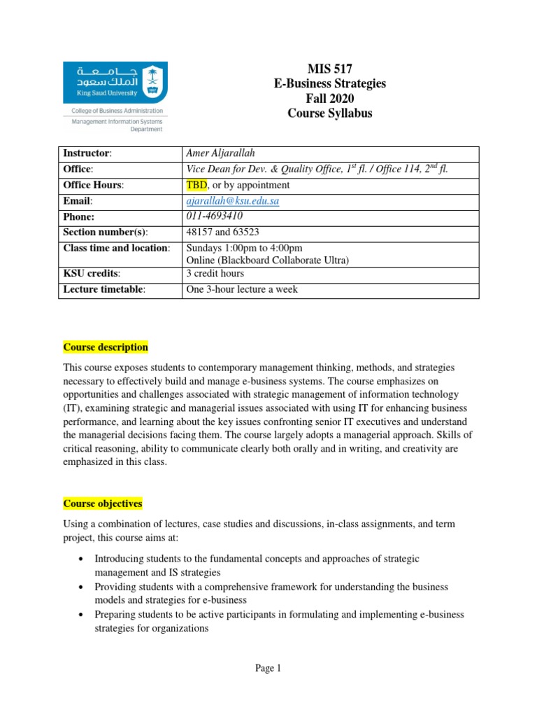 MIS 517 E-Business Strategies Fall 2020 Course Syllabus | PDF | Case ...